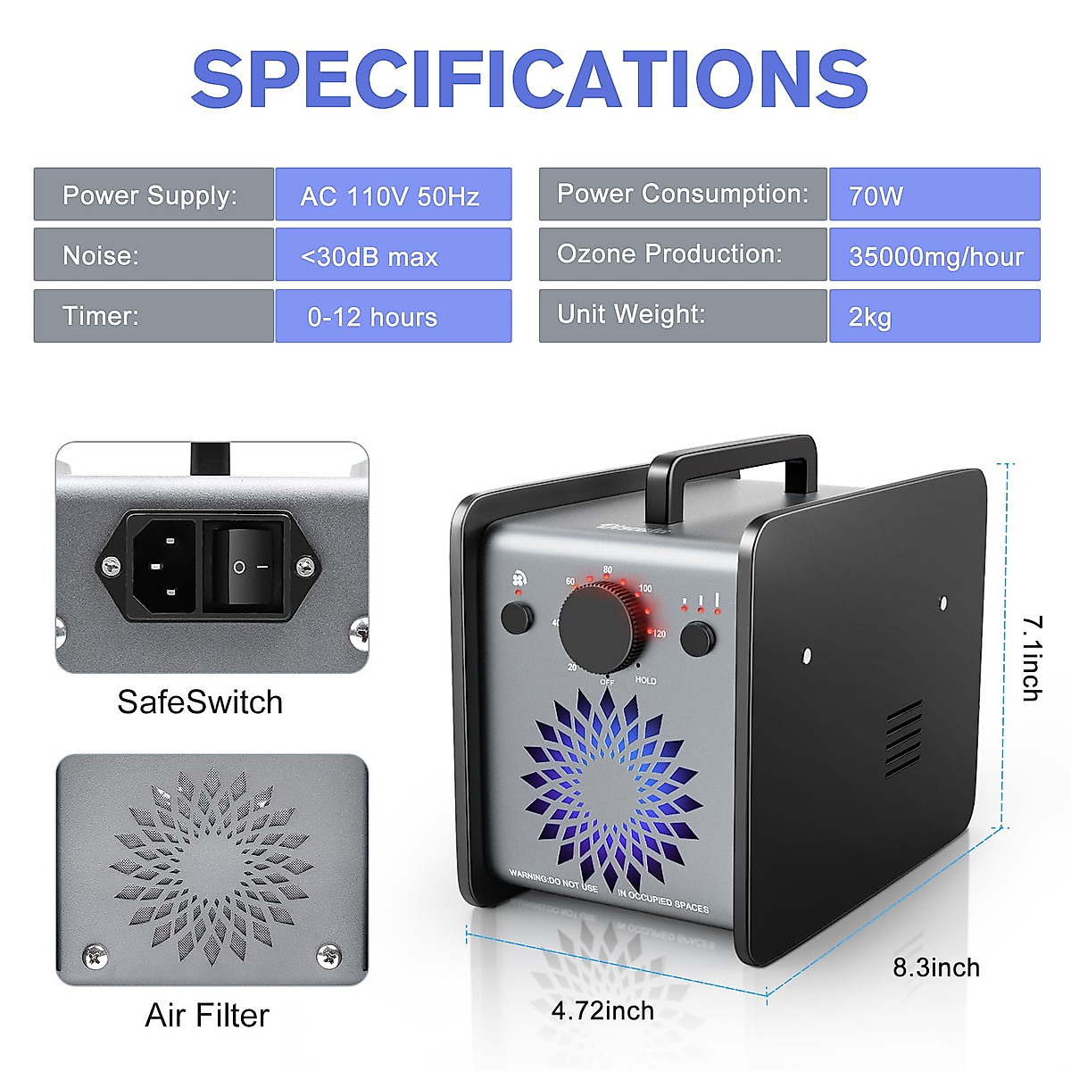 Ozone Generator 35,000mg/h, Ozone Odor Eliminator Machine for Home Car, Ultra-Powerful Ozone Generator for Comprehensive Odor Elimination Black