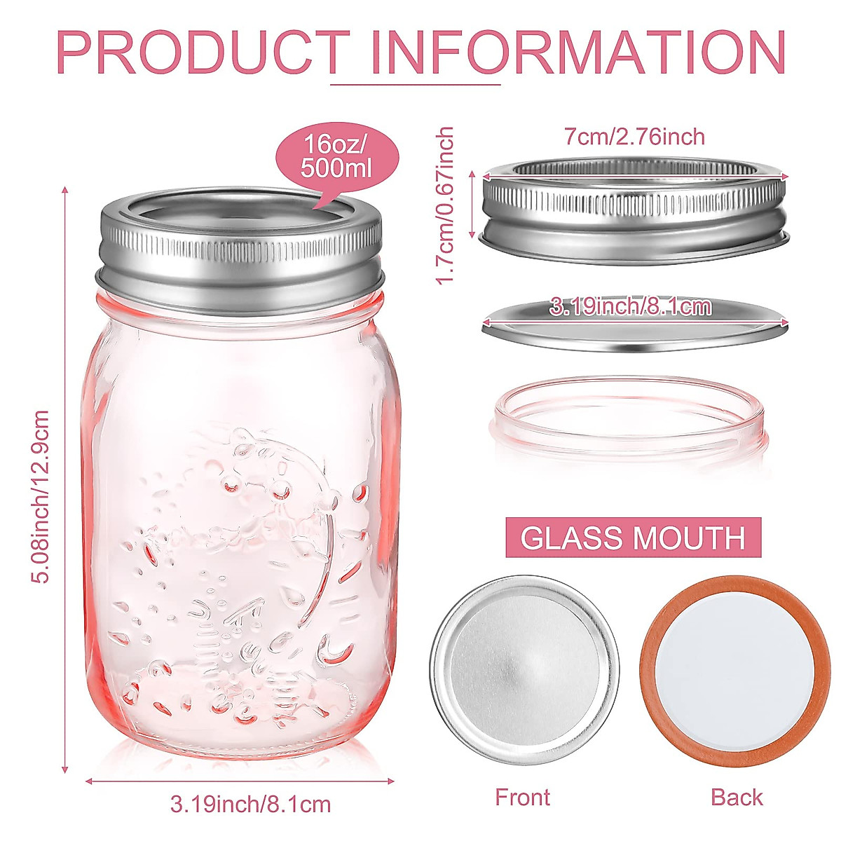 Mimorou 10 Pack 16 oz Pink Mason Canning Jars with Lids Regular Mouth Pint Vintage Colored Ball Cans for Preserving Honey Jelly Sauces Spice DIY Jars, Pink, Silver