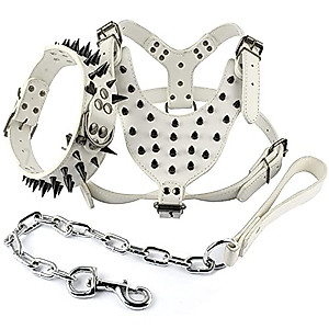 SXNBH Spikes White Leather Dog Harness Collar and Leash Set Heavy Duty for Boxer Leather Leash ( Size : M )