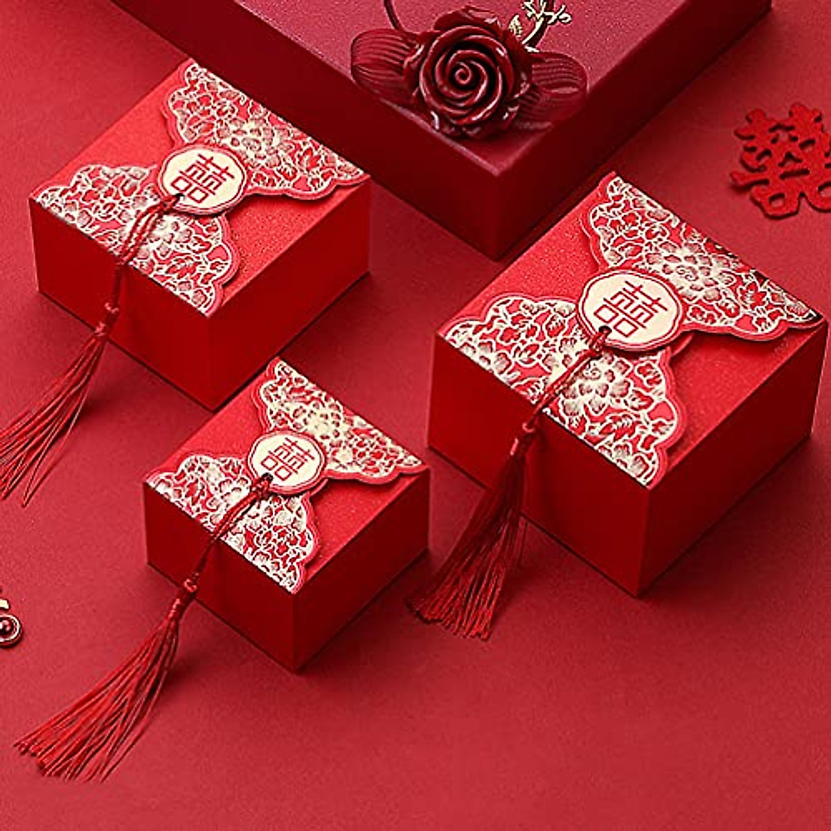 KESYOO 20pcs Wedding Party Favor Boxes Chinese Style Xi Candy Chocolate Gift Boxes with Tassels for Wedding Baby Shower Birthday Party (Red) M