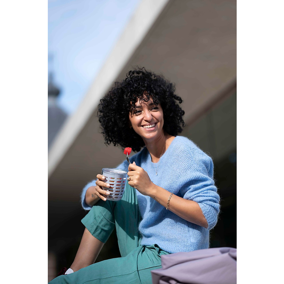 MEPAL, Fruit and Veggie Snack Pot with Airtight Lid, Colander and Fork, Portable, BPA Free, Nordic Blue, Holds 600ml|20oz, 1 Count