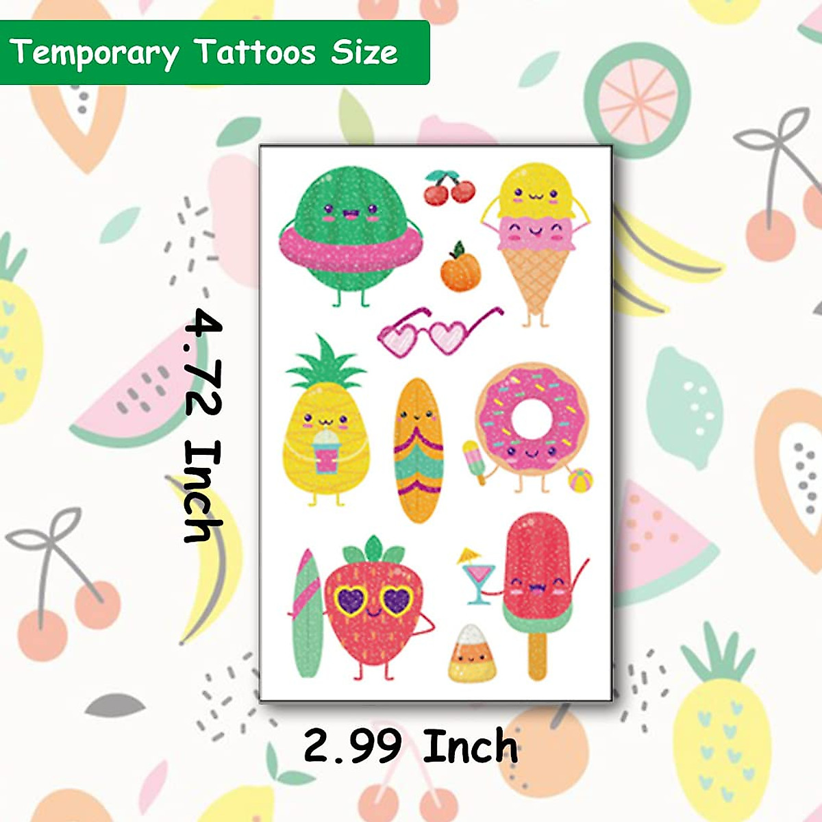 Hohamn Glitter Fruit Temporary Tattoos for Kids - 100+ Cartoon Fruit Summer Tattoos for Girls Boys Birthday Party Supplies Favors