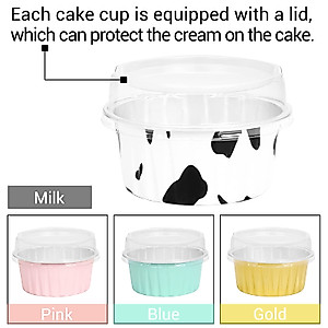 AOSYCO Dessert Cups, 100pcs 4 Colors Mixed Cupcake Containers, 5oz 125ml Disposable Aluminum Foil Pans Ramekins, Baking Cups, Muffin Liners with Lids
