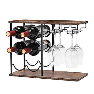 YBING Wine Rack Countertop Wine Holder Stand for 6 Wine Bottles and 4 Glasses Tabletop Small Wine Holder Wooden Wine Bottle Organizer for Kitchen, Bar, Wine Cellar, Cabinet (Brown)