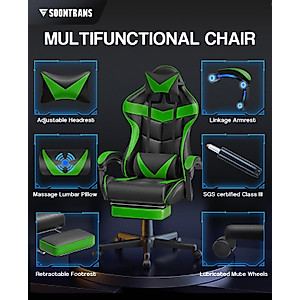 Soontrans Green Gaming Chair with Footrest,Racing Gaming Chair,Computer Gamer Chair,Ergonomic Game Chair with Adjustable Headrest and Lumbar Support(Jungle Green)