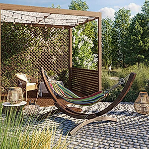 BELLEZE Double Cotton Hammock Bed with 10 ft Wooden Arc Outdoor Patio Hammock Stand, Tropical