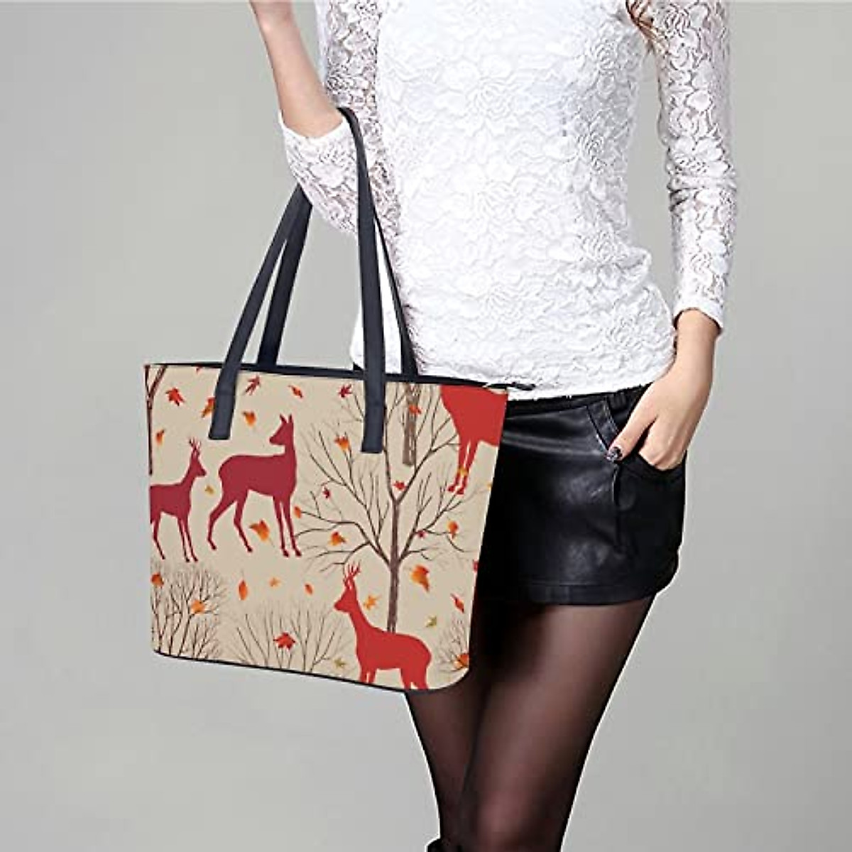 Womens Handbag Reindeer Autumn Forest Leather Tote Bag Top Handle Satchel Bags For Lady