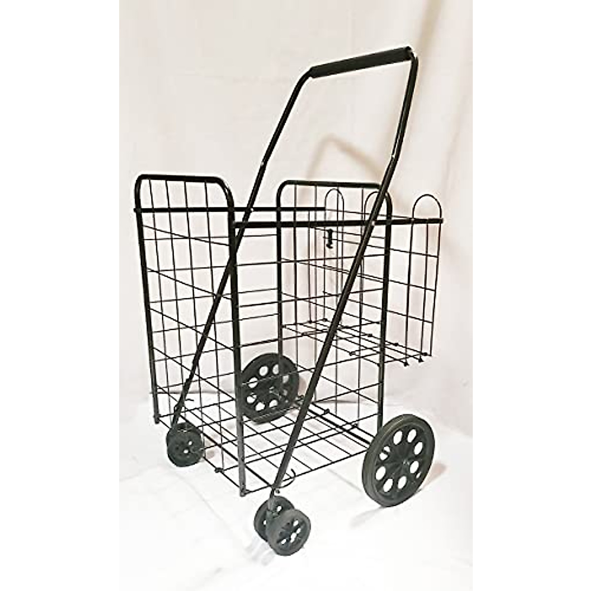 PrimeTrendz Jumbo Shopping/Laundry Folding Cart | Double Basket | Front Moving Swivel Wheels | Thicker Soft Sponge Handle | Color: Black