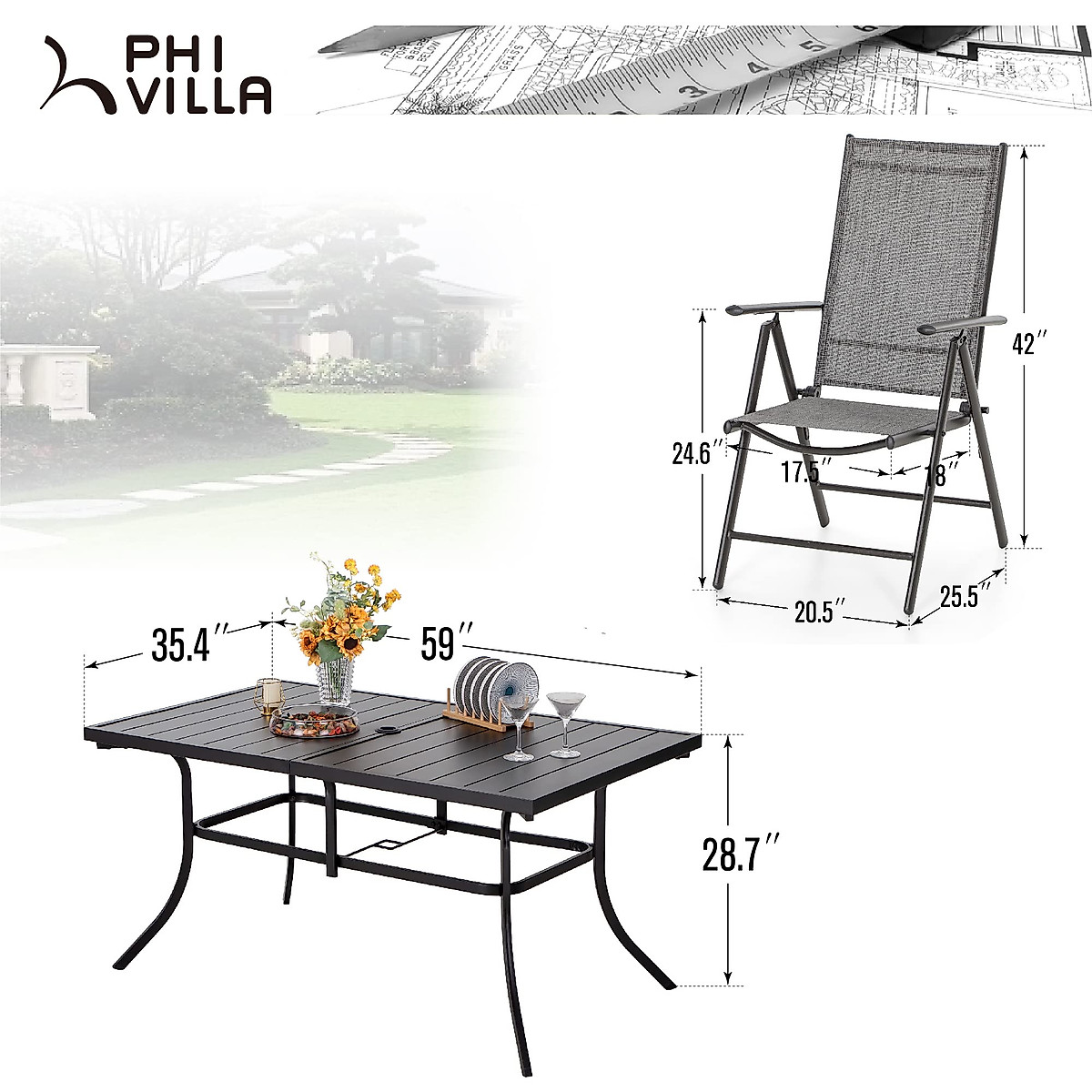 PHI VILLA 7 Piece Outdoor Dining Set with Umbrella, Patio Furniture Dining Set with Foldable Patio Chairs & Outdoor Table for Yard & Garden
