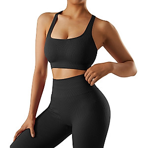 OMKAGI Women Ribbed Workout Sets Seamless Strappy Sport Bra Butt Lifting Leggings Outfits(S,04-Black)