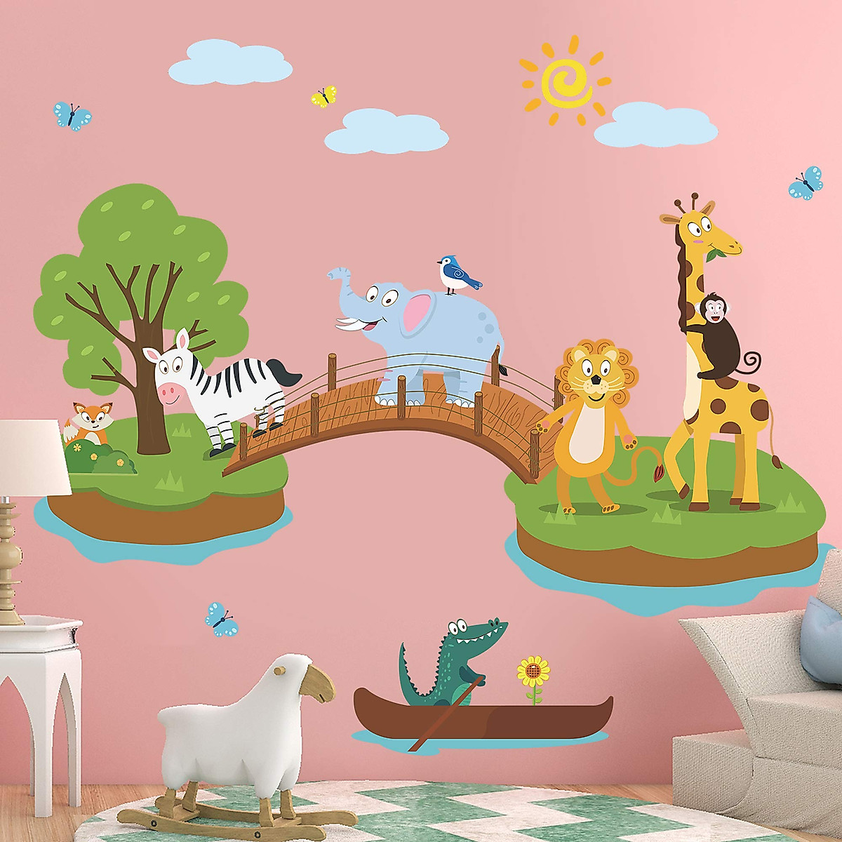 Removable 3D Giant Jungle Animals Lion Elephant Bird Fox on The Bridge Wall Decals Tree Wall Sticker Art Decor for Kids Boys Baby Children Bedroom Living Room Bathroom Classroom Playroom Nursery