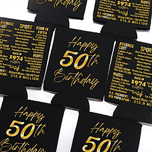 BackURyear 50th Birthday Decorations for Women men, 50 Years Old Birthday Decor, Fifty Birthday Party Supplies, 50th Birthday Party Beverage Can Cooler Sleeves, Black & Gold (12 Pcs)