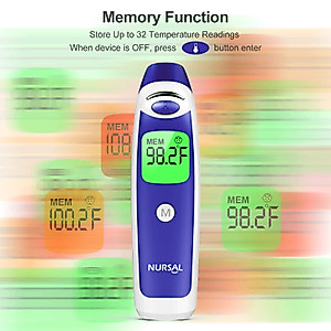 Digital Forehead Ear Thermometer for Adults and Baby, NURSAL Touchless Thermometer for Home with Fever Alarm, Infrared Thermometer with Data Memory, Battery Included