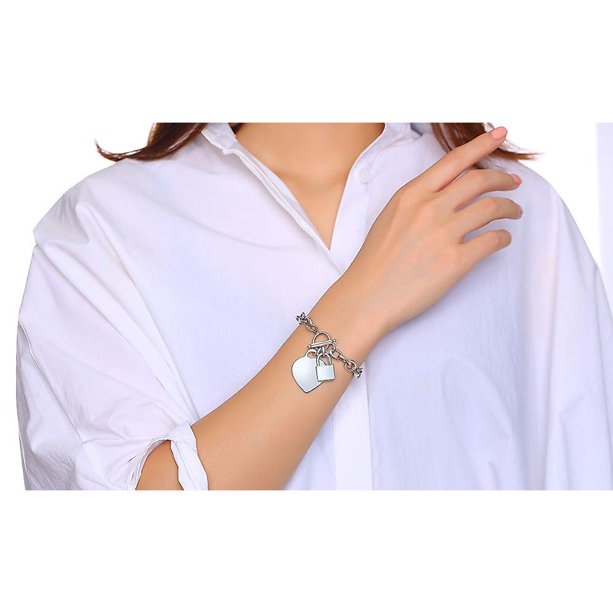 MEALGUET Custom Engraving Stylish Women Medical Alert Bracelet Stainless Steel Lock Heart Charm Link Medical ID Bracelet Toggle & T bar Clasps