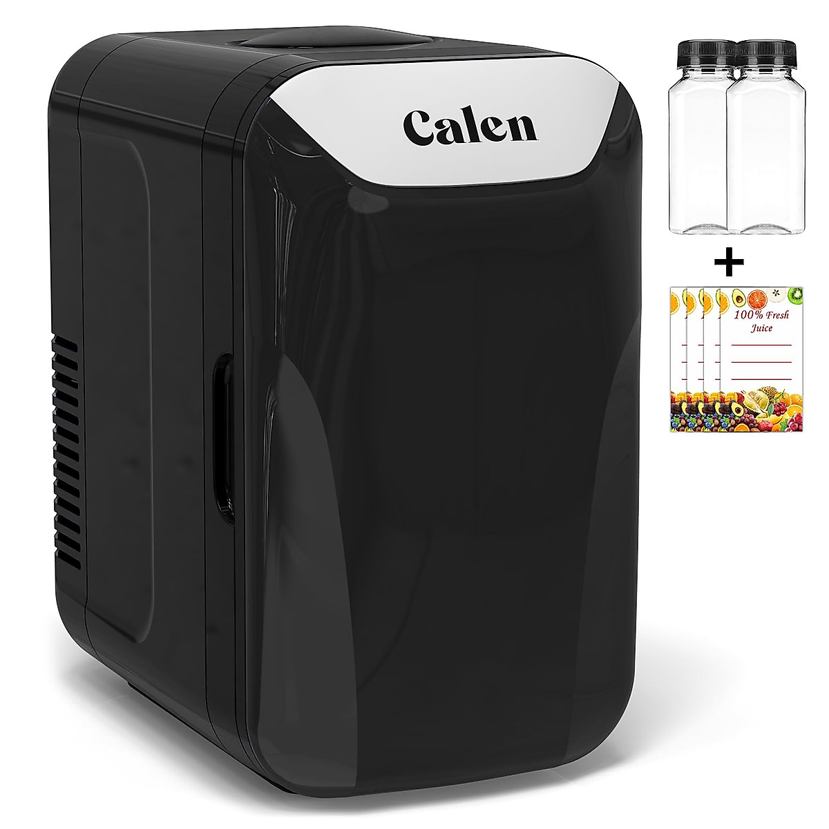 CALEN Mini Fridge with 2 Bottles, 6L/8 Cans Mini Fridge for Bedroom, Skincare Fridge 110V AC/12V DC Small Refrigerator for Food, Beverages, Cosmetics, Portable Mini Refrigerator for Office, Dorm, Car