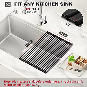 MERRYBOX Roll Up Dish Drying Rack Silicone Wrapped Over The Sink Dish Drying Rack Multipurpose Foldable Sink Drying Mat Anti-Slip & Anti-Rust Dish Rack for Kitchen, 17.5" x 13", Black