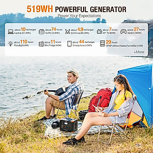 Portable Power Station 500W(Peak 1000W), 519Wh Outdoor Solar Generator Backup Battery Pack with 2 110V AC Outlets, 500W 10-Port Powerhouse for RV/Van Camping Fishing Climbing Road Trip Home Emergency