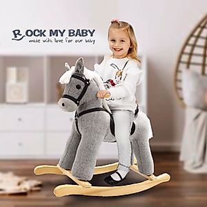 Rock My Baby Rocking Horse Gray, Ride on Pony with Realistic Sound, Wooden Rocking Toy, Rocking Animals, for Boy and Girl Age 2 Years and up (Gray Pony),CPC Certified