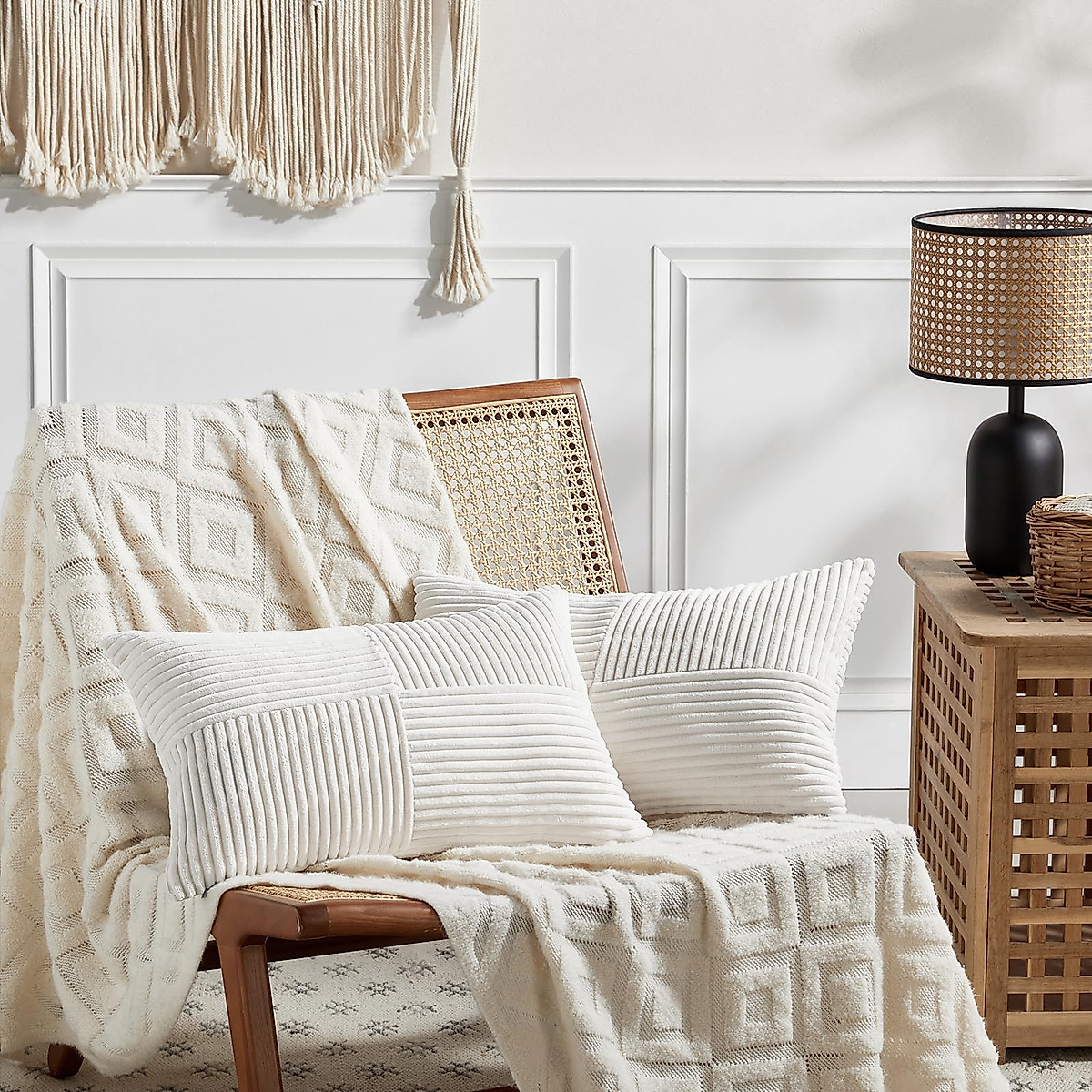 Fancy Homi 2 Packs Cream White Lumbar Decorative Throw Pillow Covers 12x20 Inch for Couch Bed Sofa, Rustic Farmhouse Boho Home Decor, Soft Striped Corduroy Rectangle Accent Cushion Case 30x50 cm