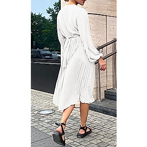 PRETTYGARDEN Women's Fall Midi Dress Long Puff Sleeve Wrap V Neck Flowy Ruffle Pleated Casual Dresses (White,Large)