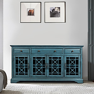 Benjara Koi 60 Inch Acacia TV Media Entertainment Center Console, 4 Glass Doors, Crossed Wood Design, Antique Blue, 60-Inch