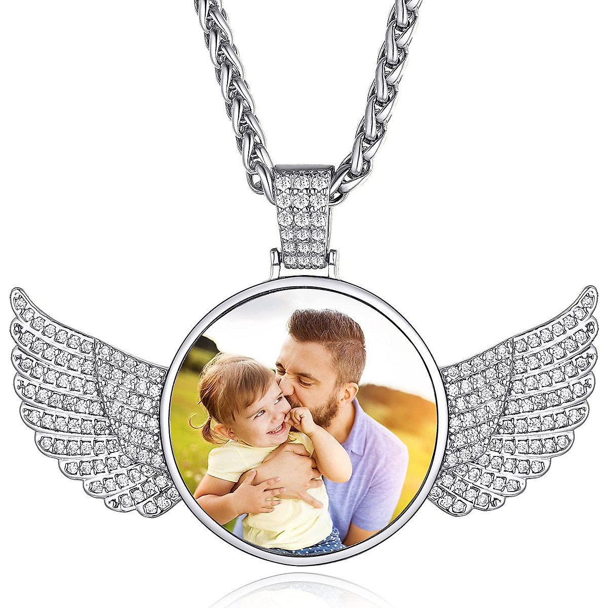 Custom4U Personalized Angel Wings Pendant Neckalce with Picture Inside Custom Photo Necklace Memorial Photo Medallion Chain Hip Hop Jewelry for Men