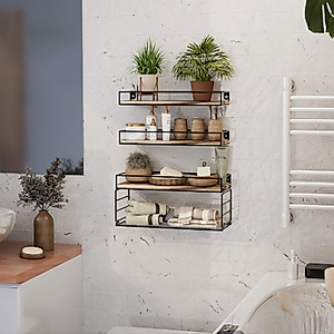 Oxendon Wall Mounted Bathroom Shelves Over Toilet, Farmhouse Wall Floating Shelf with Guardrail, Bathroom Decor for Bedroom Living Room Kitchen, Rustic Brown (16.2 Inch Set of 3)