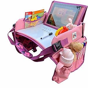 Madson Kids Travel Tray - Toddler Car Seat - Lap Desk & Dry Erase Board - Activity Organizer with Markers - Food & Snack Table - Tablet & Cup Holder, Road Trip Essential, Portable Desk for Kids