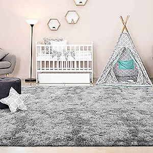 FlyDOIT Large Area Rugs for Living Room, 4x6 Feet Tie-Dyed Light Grey Shaggy Rug Fluffy Throw Carpets, Ultra Soft Plush Modern Indoor Fuzzy Rugs for Bedroom Girls Kids Nursery Room Dorm Home Decor