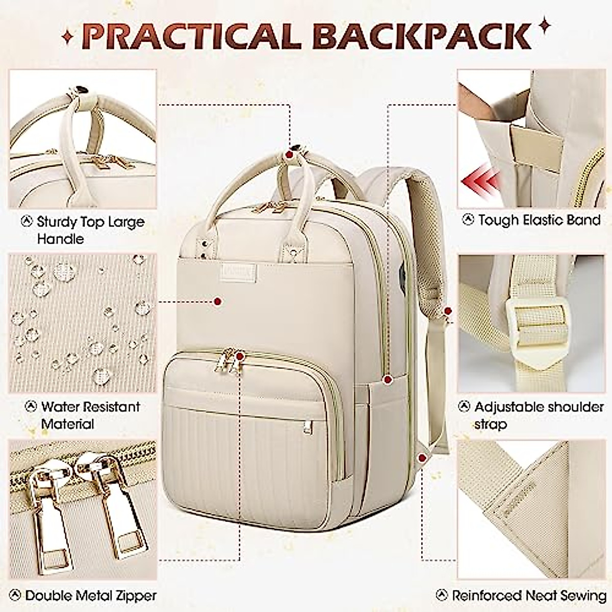 NUBILY Laptop Backpack for Women 15.6 Inch Waterproof Travel with USB Hole Fashion Work Business Computer Purse Large Teacher Nurse Bags Casual Daypacks College Business, Apricot