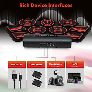 Costzon Electronic Drum Set, 9-Pad Digital Drum Kit w/ 2 Stereo Speakers, Drum Sticks, Foot Pedals, USB & Audio Cable, Headphone Jack, Portable Roll-up Drum Pad, Ideal Gift for Kids Adults (Red)