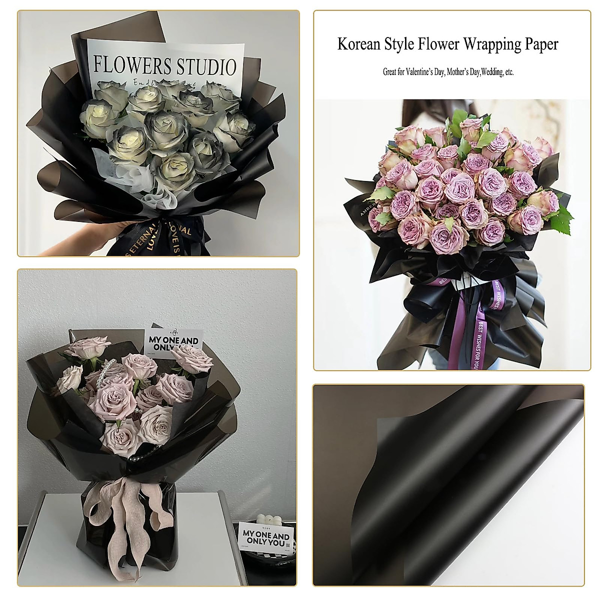 Gloreyan 20 Sheets Black Flower Wrapping Paper, Florist Bouquet DIY Craft Fresh Flower Bouquet Wrap Waterproof Floral Wrapping Gift Box Packaging Material Florist Supplies, 22.8 * 22.8 Inches(Black)