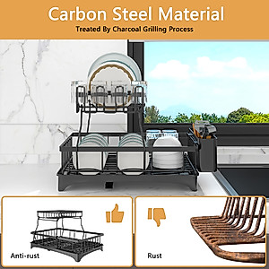 YQYHO 2-Tier Dish Drying Racks for Kitchen Counter with 360° Retractable Drainage System, Large-Capacity Collapsible Anti-Corrosion Dish Rack(Black)