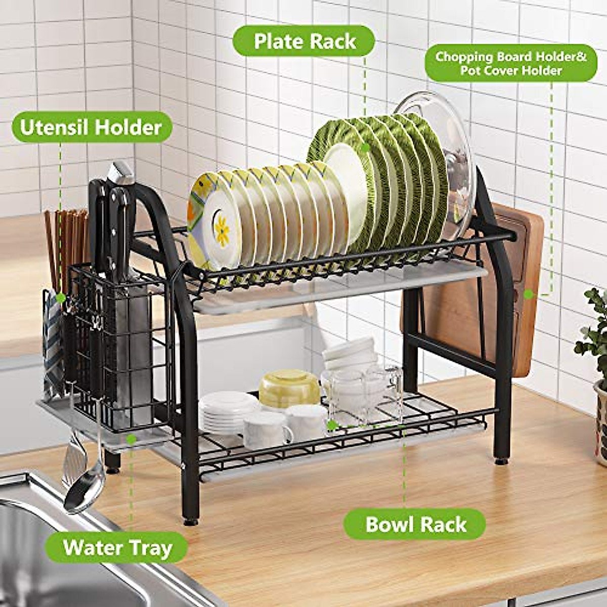 1Easylife Dish Drying Rack, 2 Tier Dish Rack Stainless Steel with Utensil Knife Holder and Cutting Board Holder Dish Drainer with Removable Drain Board for Kitchen Counter Organizer Storage