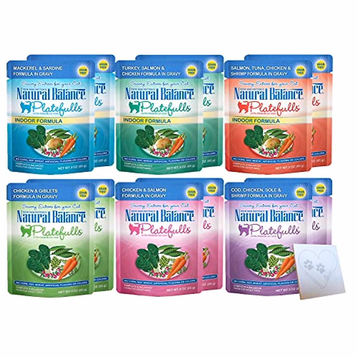 Natural Balance Grain-Free Platefulls Variety Pack Six Flavors: Turkey, Salmon & Chicken, Chicken Giblets, Cod & Sole, Salmon & Tuna, and Mackerel + Pet Paws Notepad - 3 Ounces Each (12 Pouches Total)
