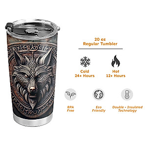 20oz Viking Celtic Warrior Wolf Tumbler, Norse Mythology, Viking Gifts for Men, Coffee Thermos for Men, Stainless Steel Double Wall Vacuum Insulated Coffee Mug, Travel Cup with Lid