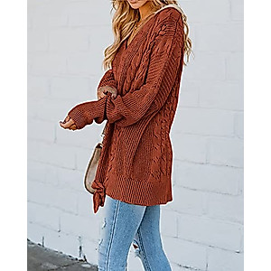 Womens Pullover Sweaters Plus Size Cable Knit V Neck Lace Up Long Sleeve Fall Jumper Tops Brick Red