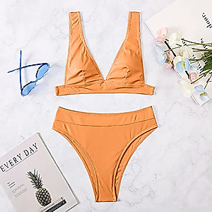 Two Piece Swimsuit for Women Solid Bikini Sets Triangle and Crop Top Swimwear High Waisted Tummy Control Bathing Suit