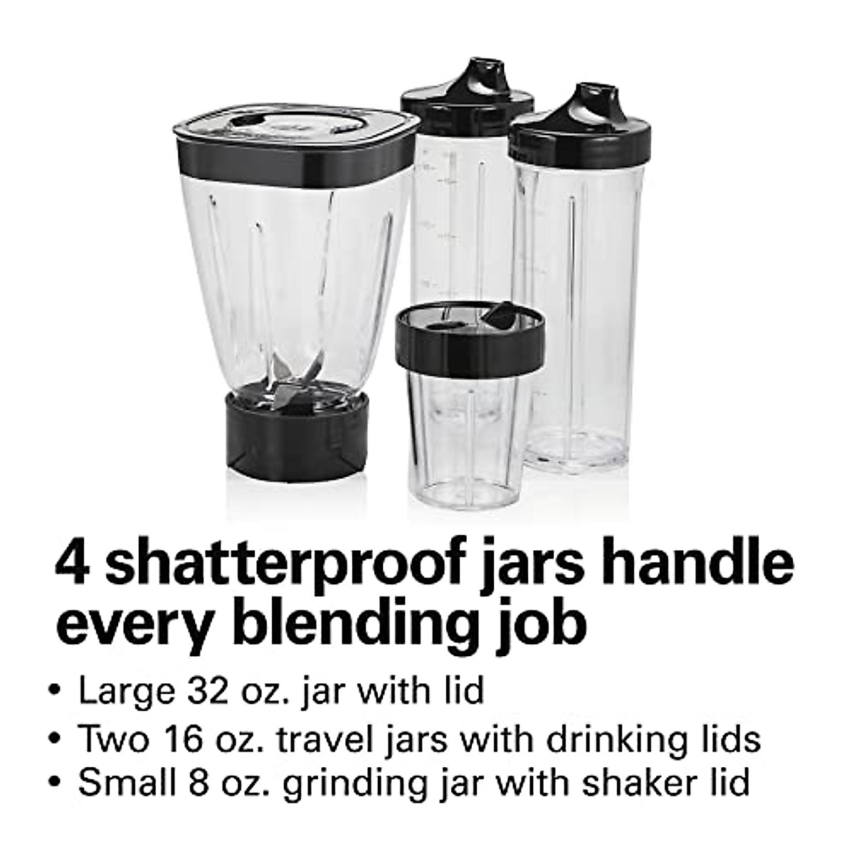 Hamilton Beach Stay or Go Blender with 32oz Jar, 8oz Grinder for Nuts & Spices, and 2 Portable Cups with Drinking Lids for Shakes and Smoothies, BPA Free, Black and Silver (52400)