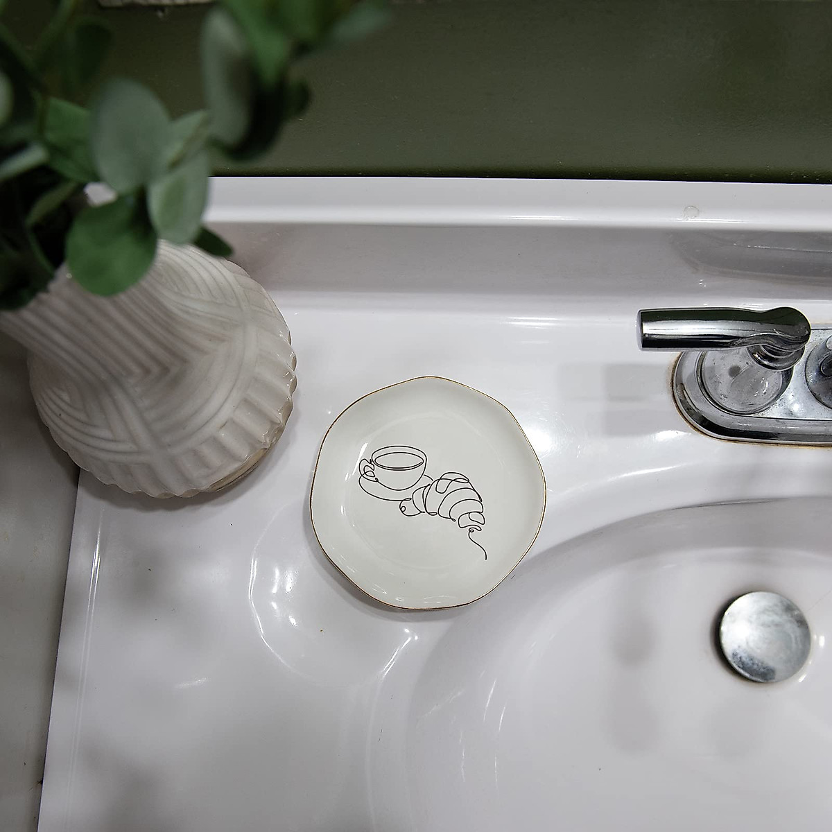 HOME SMILE Ring Dish Jewelry Tray for Kitchen Sink-Minimalist Line Drawing cCoffee and Bread