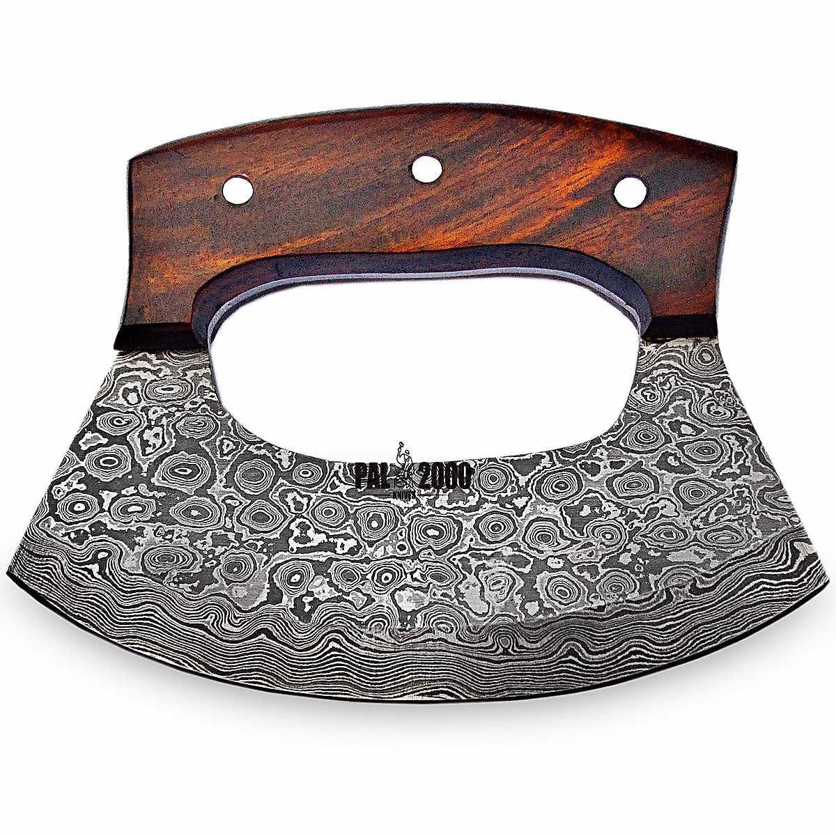 Knives - Alaskan Ulu - Mezzaluna Ulu Knife - Pizza Cutter Ulu - Traditional Ulu - Handmade Damascus Steel - Wood Handle - Ulu Knife - Vegetable Chopping Ulu - Crescent Blade (9891)