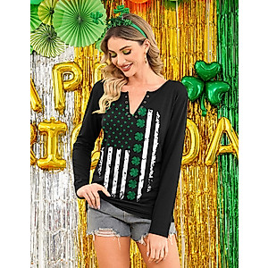 For G and PL St Patricks Day Graphic V-Neck Women's Outfits Casual Four Leaf Pullover Ireland Shirt Shamrock Flag M