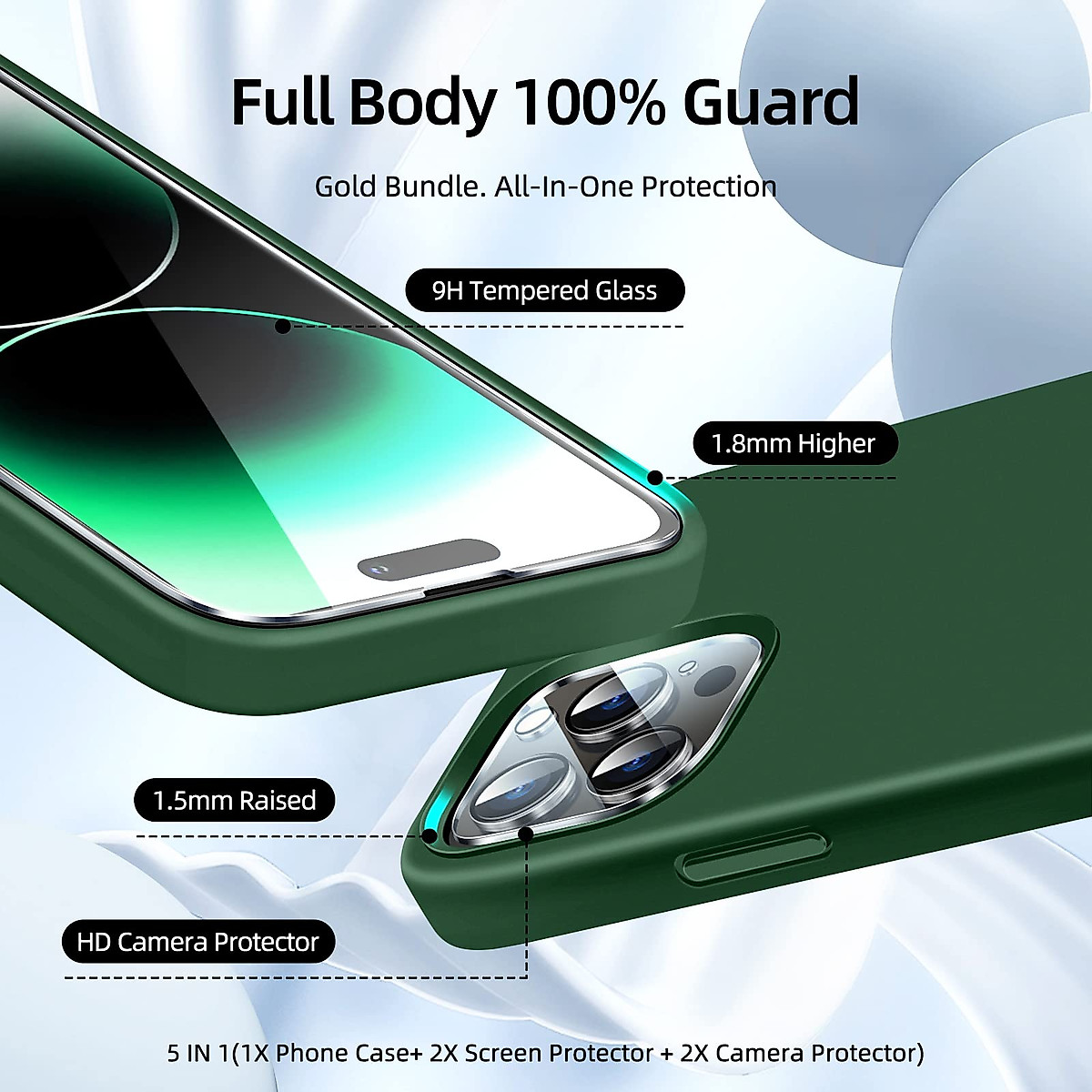 Dssairo [5 in 1 for iPhone 14 Pro Max Case 6.7, with 2 Pack Screen Protector + 2 Pack Camera Lens Protector, Liquid Silicone Slim Shockproof Protective Phone Case [Microfiber Lining] (Alpine Green)
