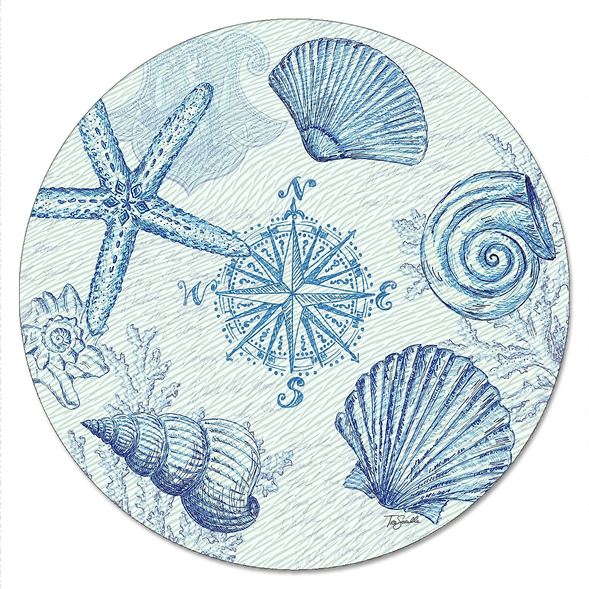 CounterArt Coastal Sketch 4mm Heat Tolerant Tempered Glass Lazy Susan Turntable 13" Diameter Cake Plate Condiment Caddy Pizza Server