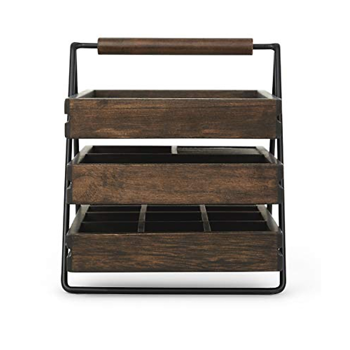 Umbra Terrace Tier Jewelry Three Sliding Linen Lined Wood Trays with Metal Frame and Handle, Easy Storage and Access, Walnut, 3 Each