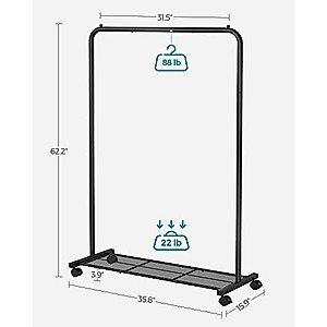 SONGMICS Clothes Rack with Wheels, 36 Inch Garment Rack, Clothing Rack for Hanging Clothes, with Dense Mesh Storage Shelf, 110 lb Load Capacity, 2 Brakes, Steel Frame, Black UHSR25BK
