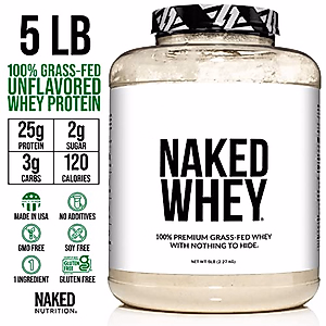 Naked WHEY 5LB 100% Grass Fed Unflavored Whey Protein Powder - US Farms, Only 1 Ingredient, Undenatured - No GMO, Soy or Gluten - No Preservatives - Promote Muscle Growth and Recovery - 76 Servings