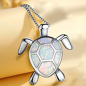 Hithop Cute Turtle Pendant Necklace Lovely Animals White Fire Opal Plated Silver Necklace Jewellery Gifts (White)