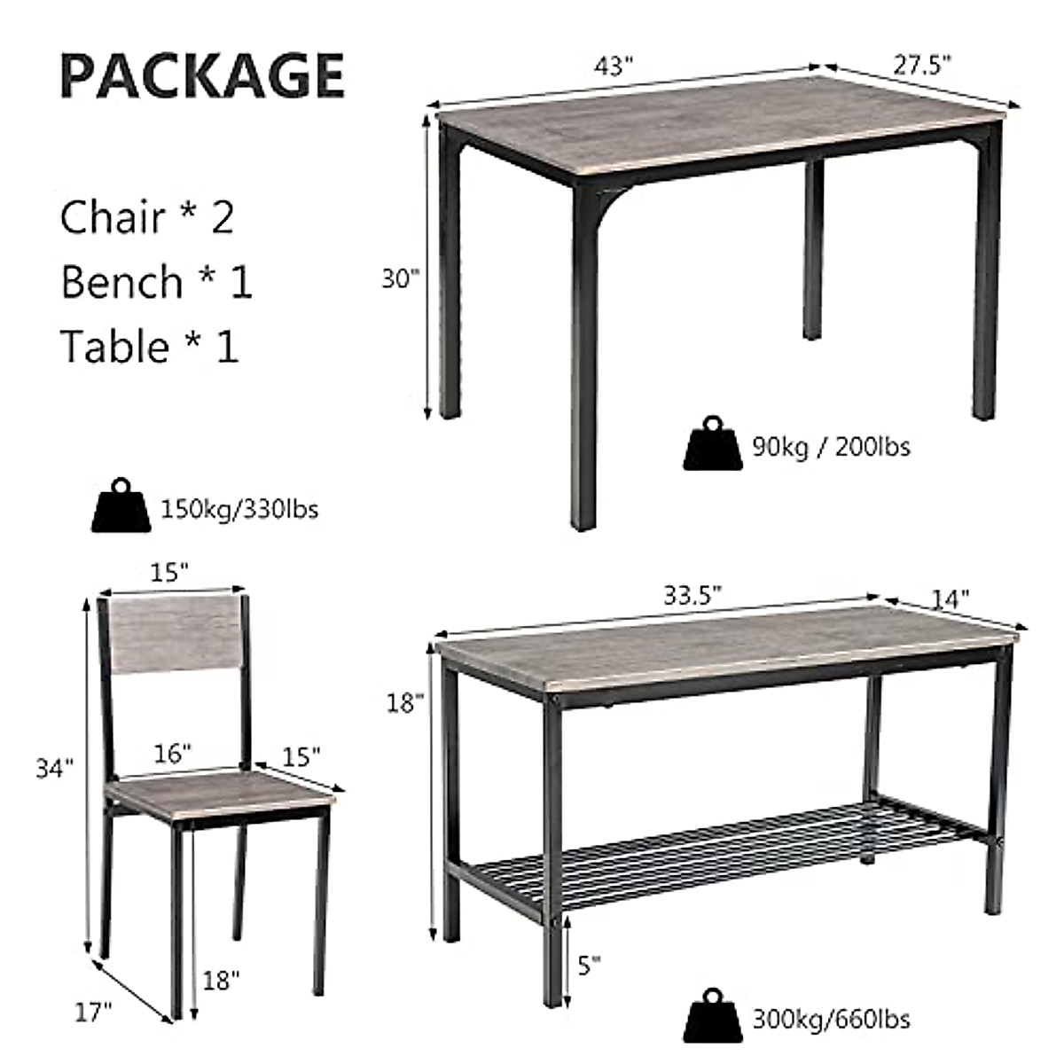 Giantex Dining Table Set for 4, Kitchen Table with Bench and Chairs, Industrial Gathering Bench Dining Set W/Metal Frame & Storage Rack, Dinette Set, Modern Functional Desk Set (Black Oak)