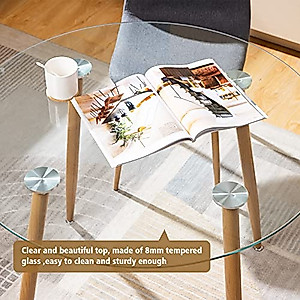 SICOTAS Dining Table Round - Glass Top Kitchen Table with Wooden Metal Legs, Modern Dining Room Table for 2 or 4, Circle Dinner Table for Kitchen, Small Spaces, Apartment,35 x 29 inch, Clear
